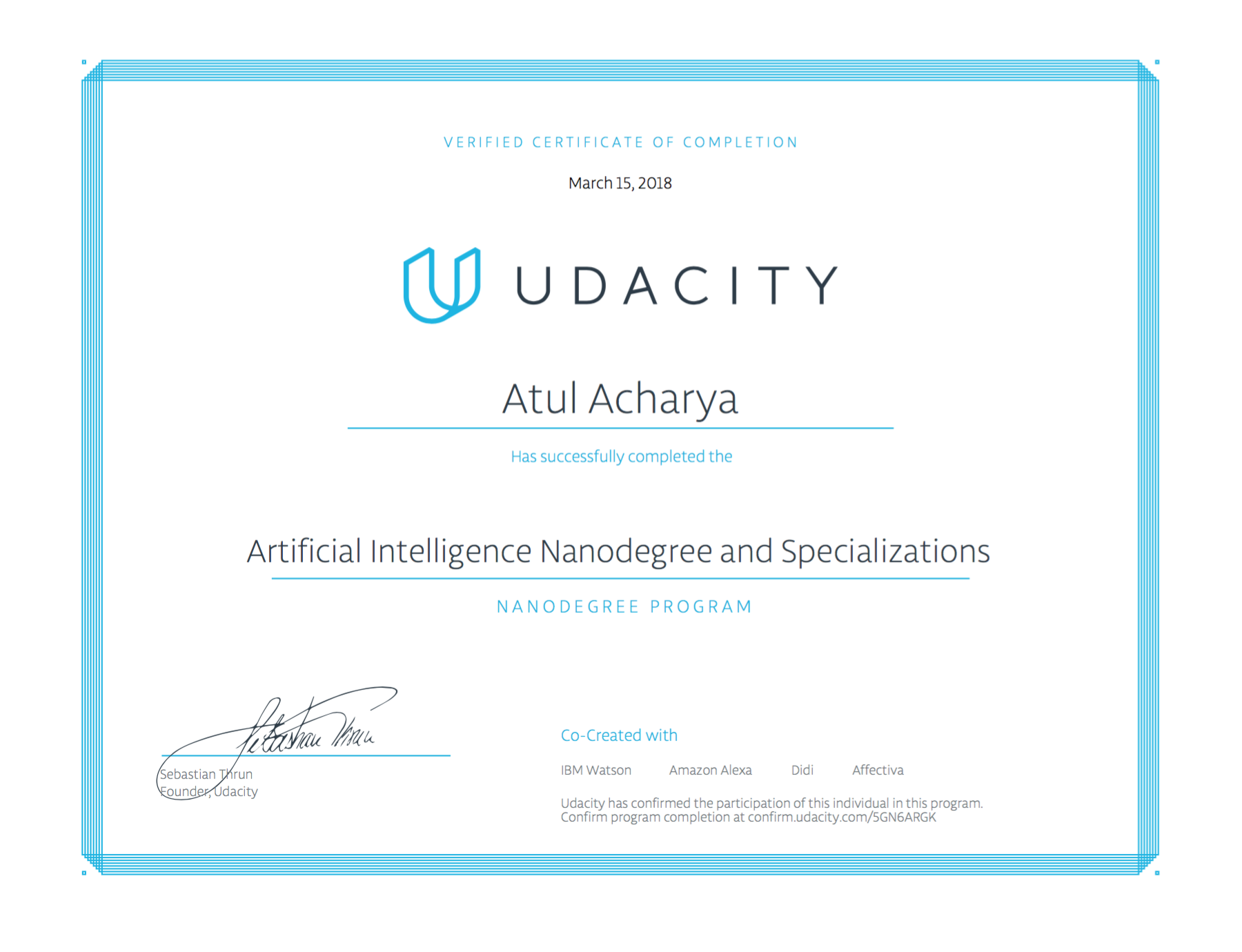 Graduated - Artificial Intelligence Nanodegree - Atul Acharya